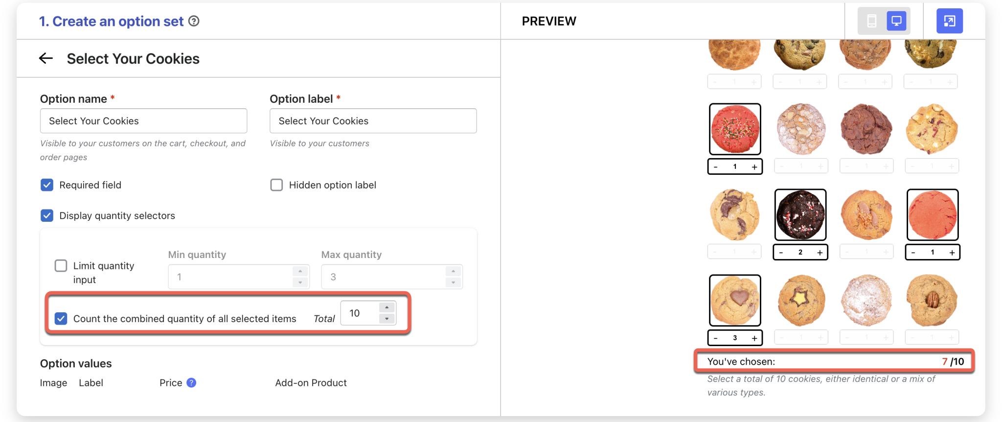 Set Up Quantity Selector For Custom Option Values | Easify