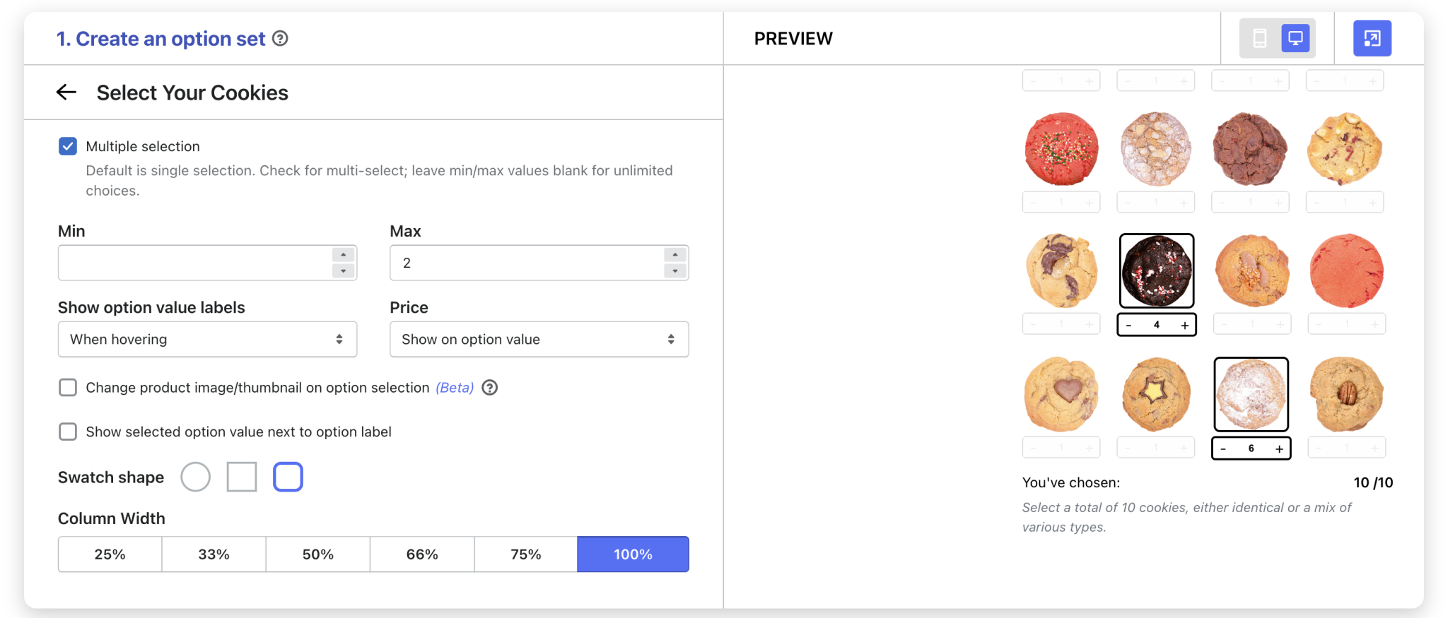 Set Up Quantity Selector For Custom Option Values | Easify