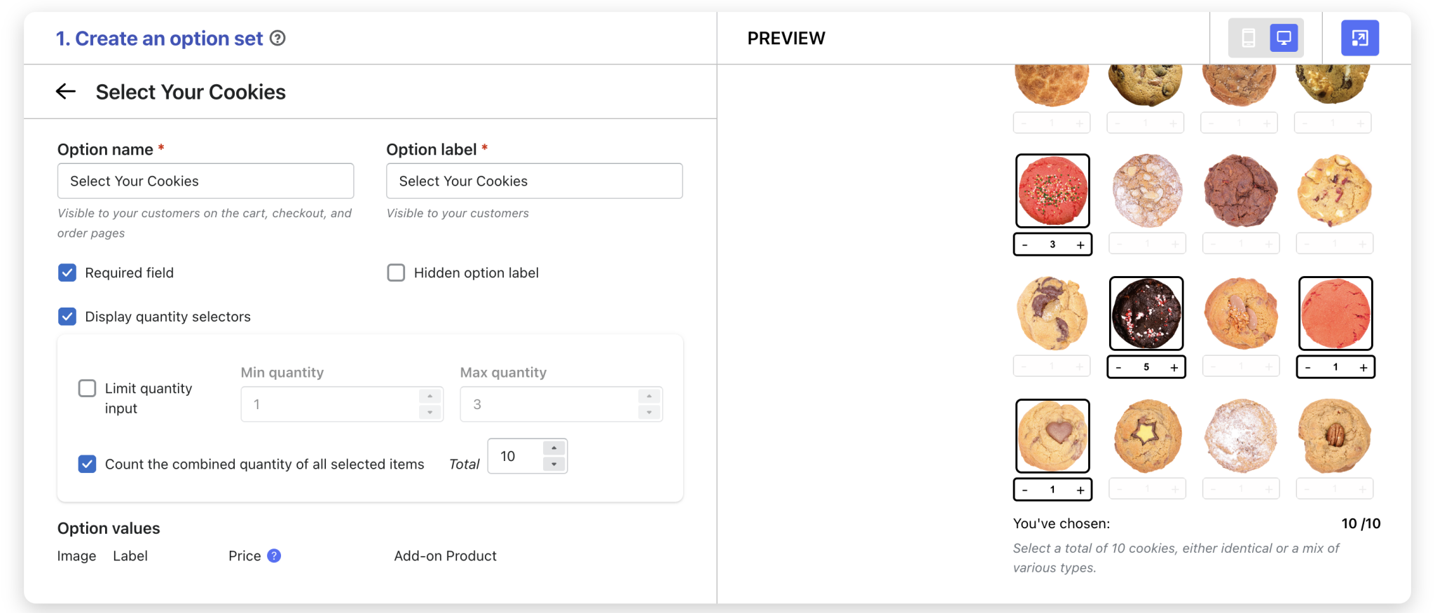 Set Up Quantity Selector For Custom Option Values | Easify
