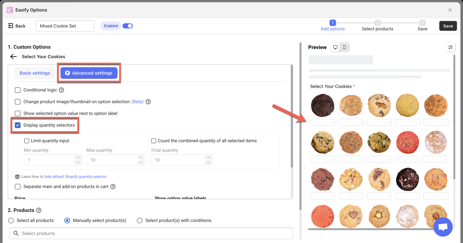 Set Up Quantity Selector For Custom Option Values | Easify
