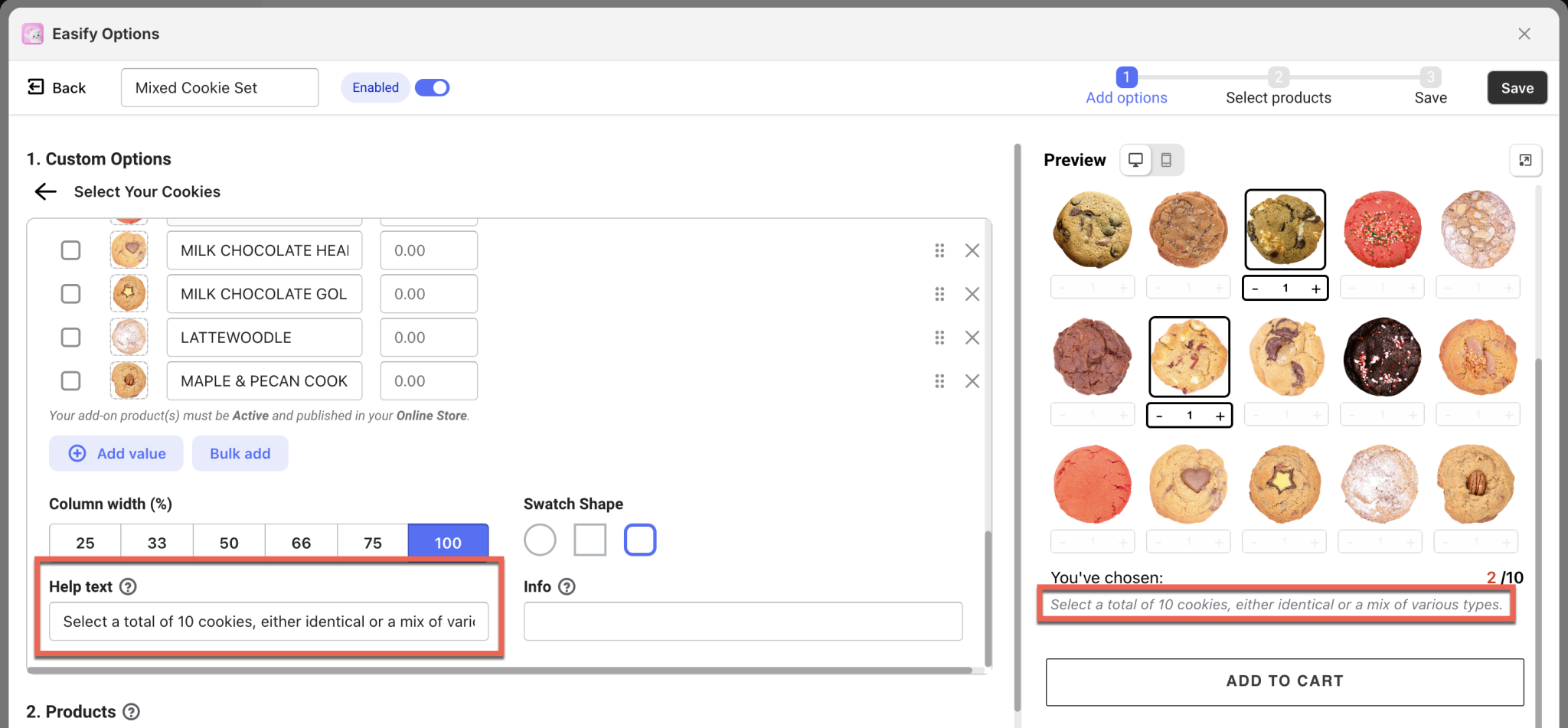 Set Up Quantity Selector For Custom Option Values | Easify