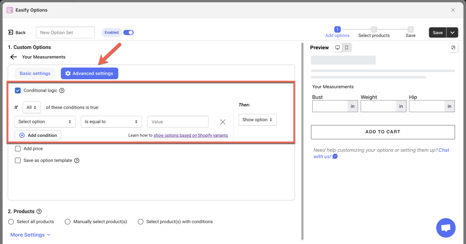 Advanced Conditional Logic - Show Easify Options Based On Shopify Variants | EasifyApps
