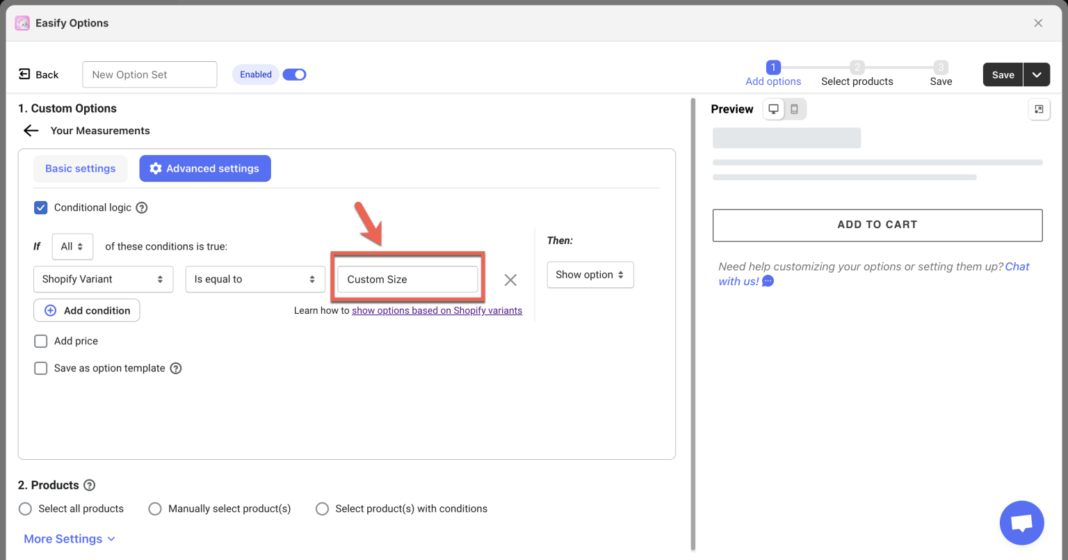 Advanced Conditional Logic - Show Easify Options Based On Shopify Variants | EasifyApps