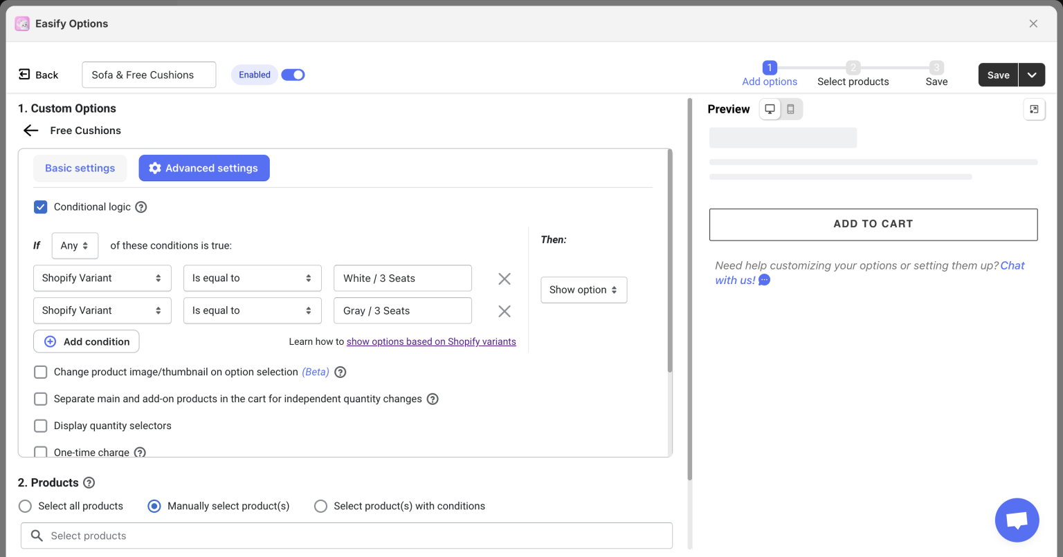 Advanced Conditional Logic - Show Easify Options Based On Shopify Variants | EasifyApps