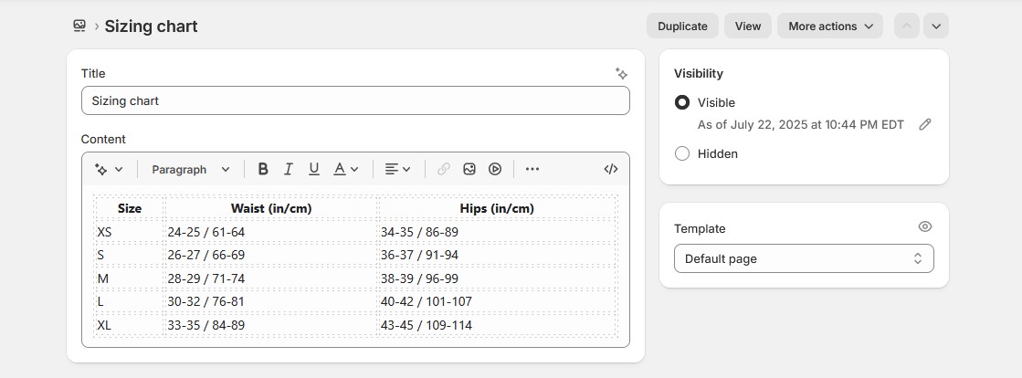 How to Add Size Chart to Shopify Product Page